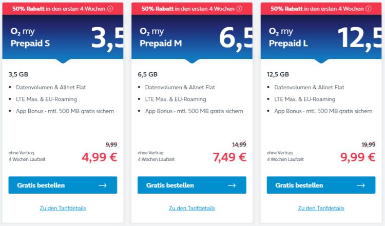 o2 Prepaid Tarife mit 50% Rabatt auf die Grundgebühr