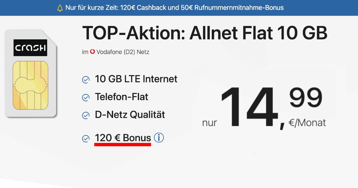 Tarif-Tipp: 10 GB für 14,99 € im Monat mit 170 € Bonus!
