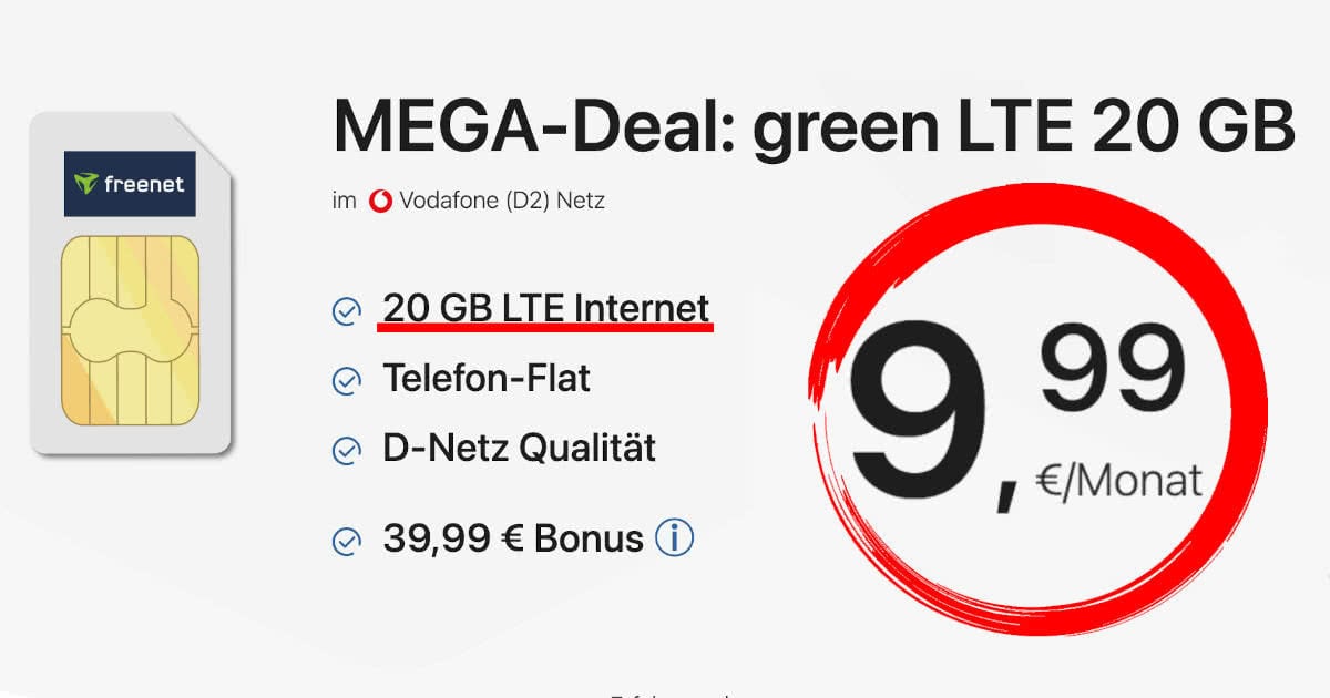Letzte Chance: 20 GB für 9,99 € - im Vodafone-Netz & ohne Anschlusspreis!