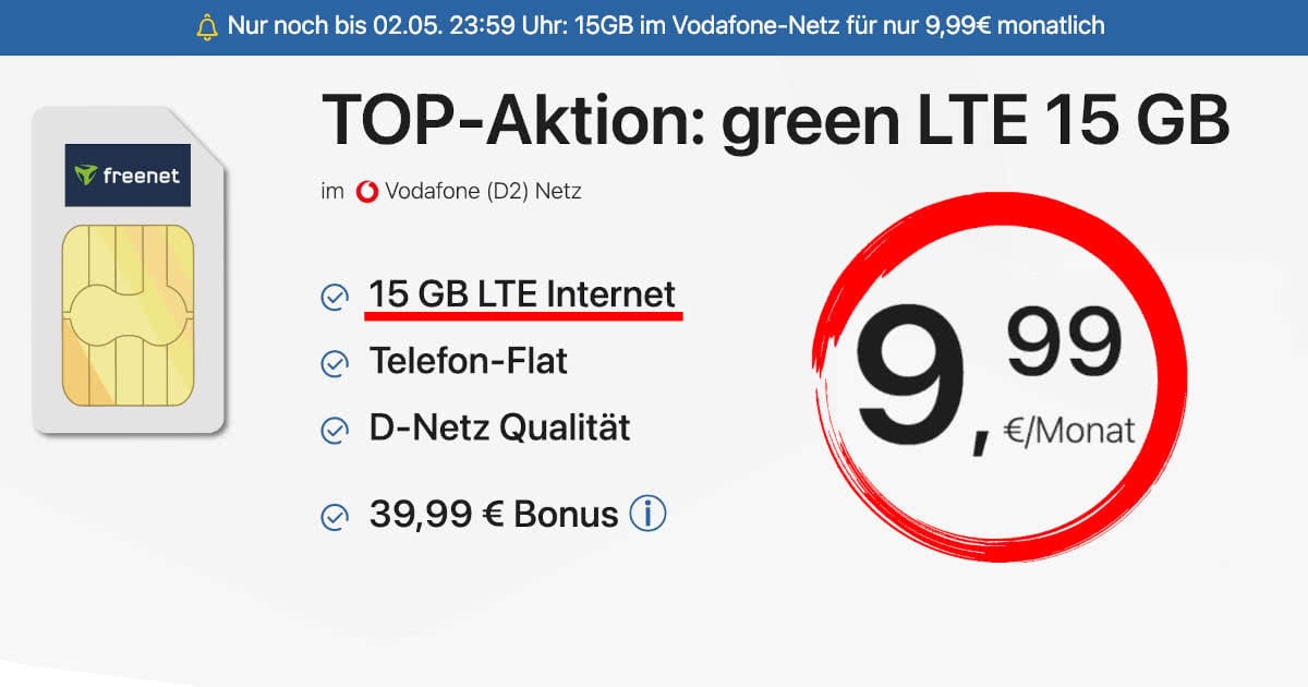 Nur noch heute: 15 GB-Tarif für 9,99 € – im Vodafone-Netz & ohne ...