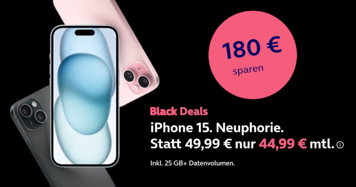 o2 BLACK DEAL: iPhone 15 + 25-GB-Tarif für nur 44,99
